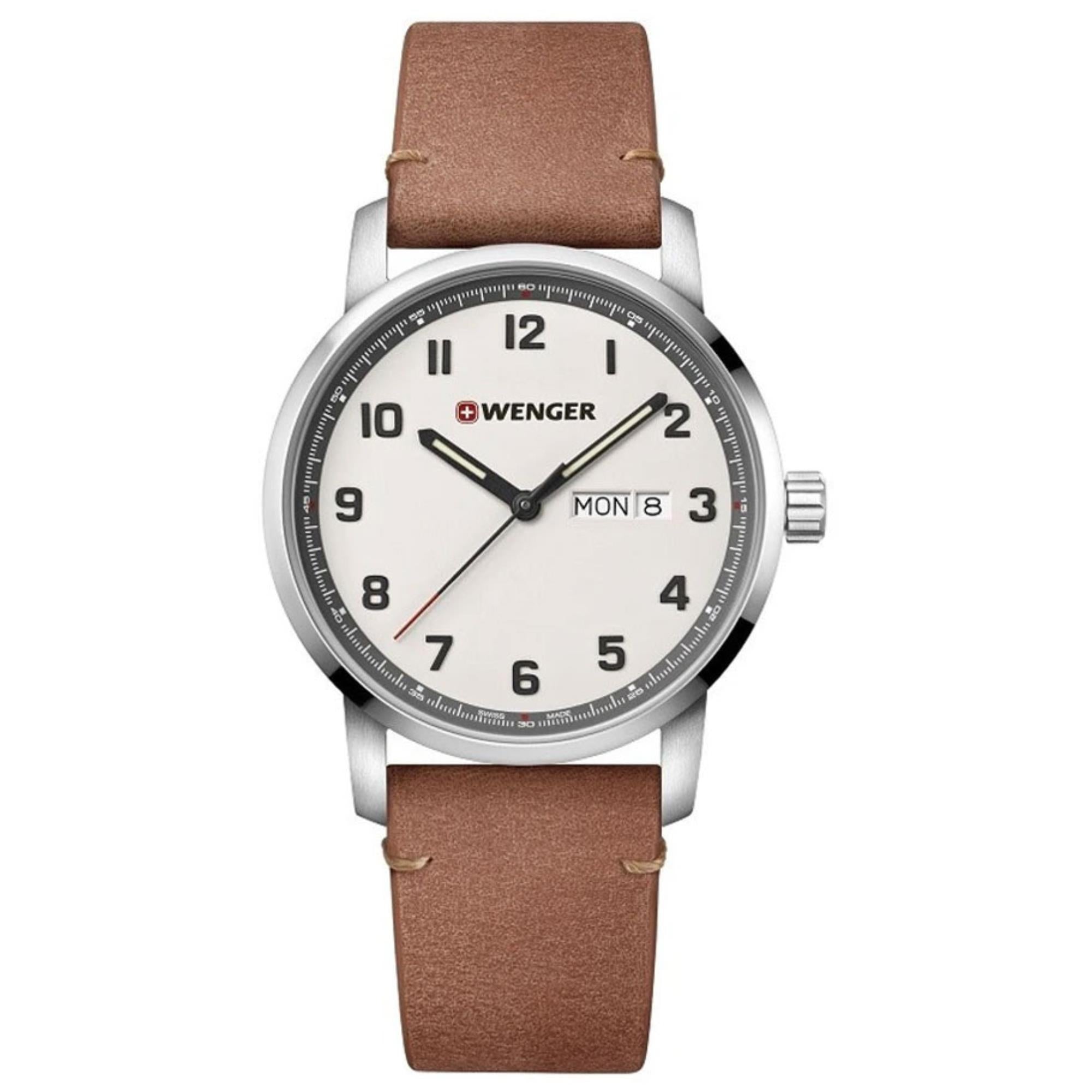 Wenger Attitude Quartz Cream Dial Brown Leather Strap Men's Watch 01. ...