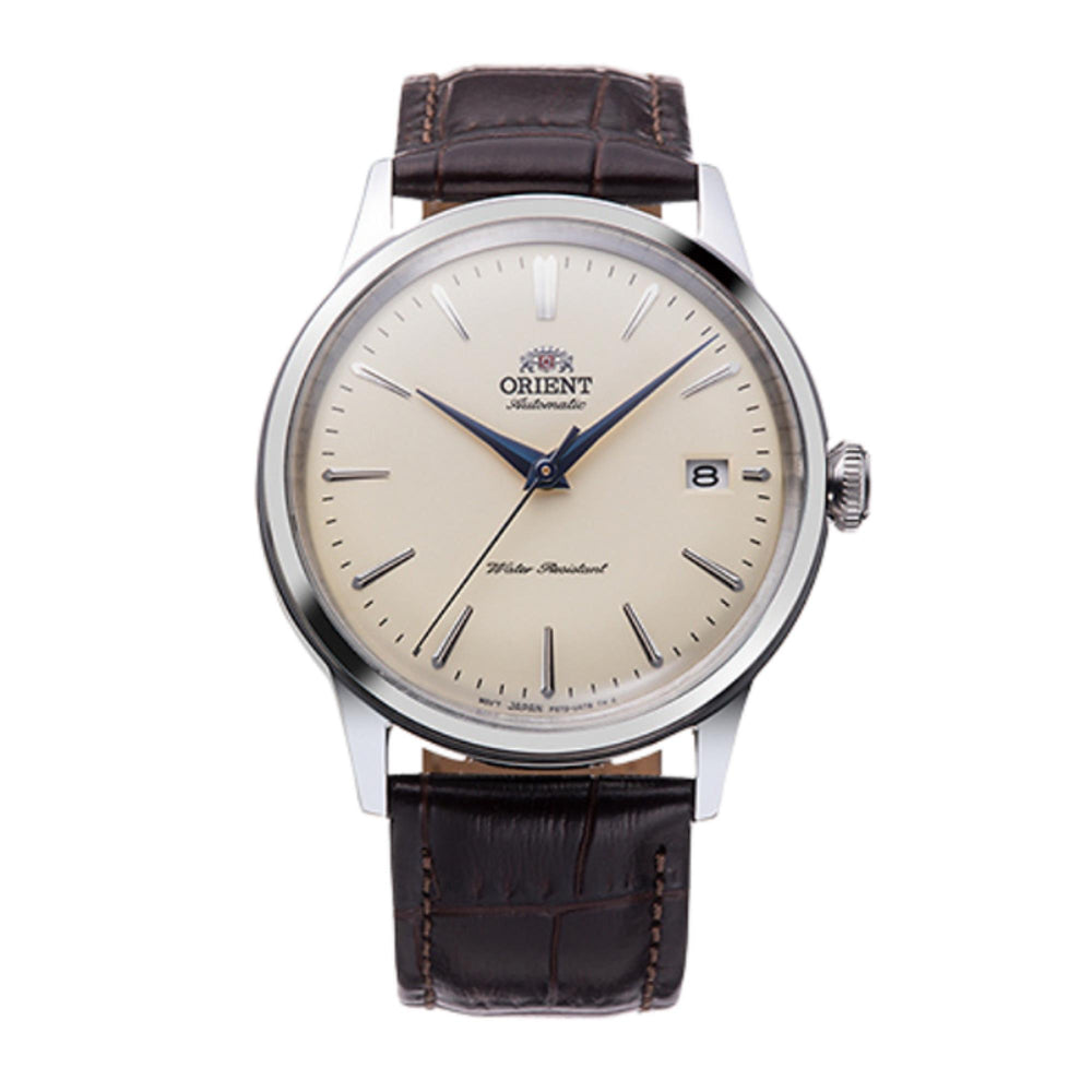 Orient Bambino Mechanical Cream Dial Brown Leather Strap Men’s Watch RA-AC0M04Y30B - WatchNation